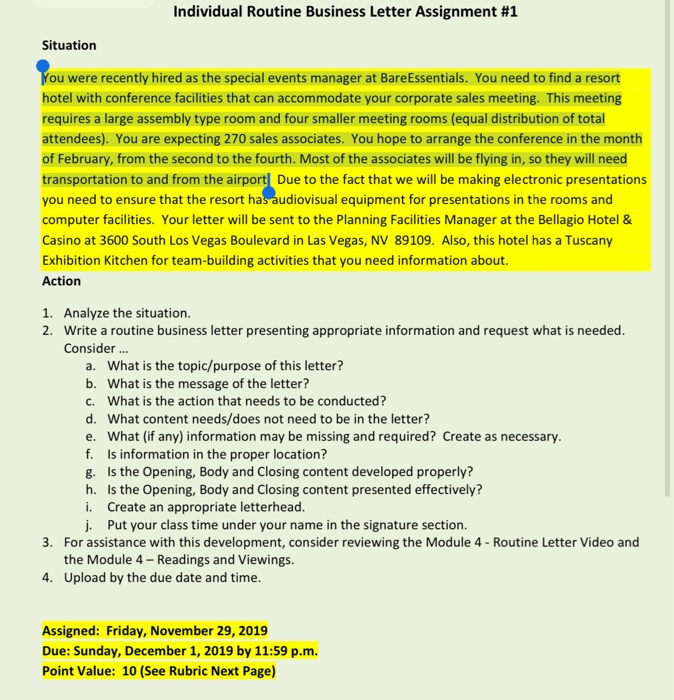 Solved Individual Routine Business Letter Assignment #1 | Chegg.com