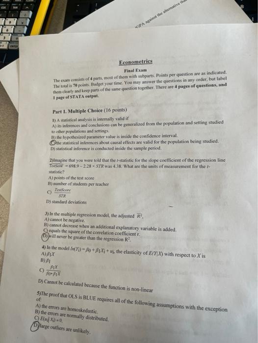 Solved Econometrics Final Exam The eum comiats of 4 parts, | Chegg.com