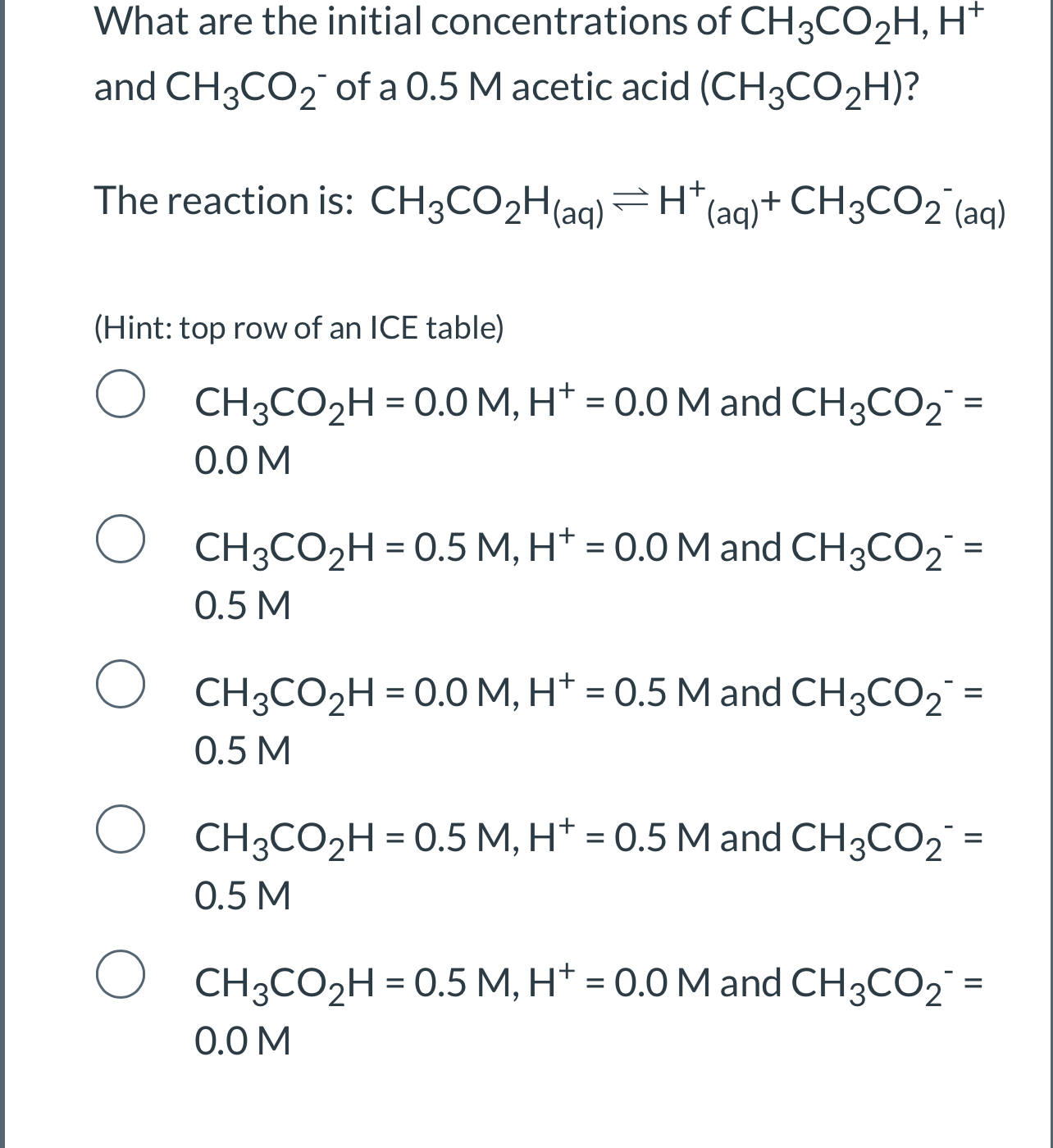 What are the initial concentrations of CH3CO2H,H+ | Chegg.com