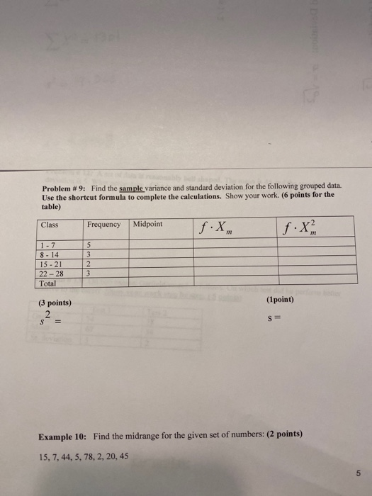 Solved Problem #9: Find the sample variance and standard | Chegg.com