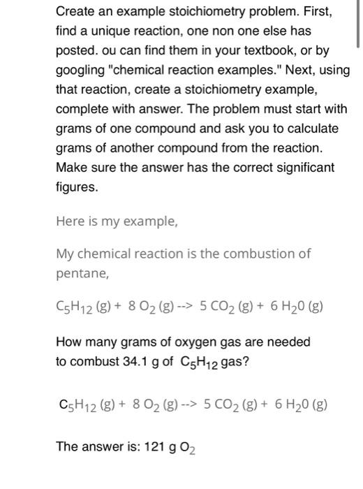 Solved Create an example stoichiometry problem. First, find | Chegg.com