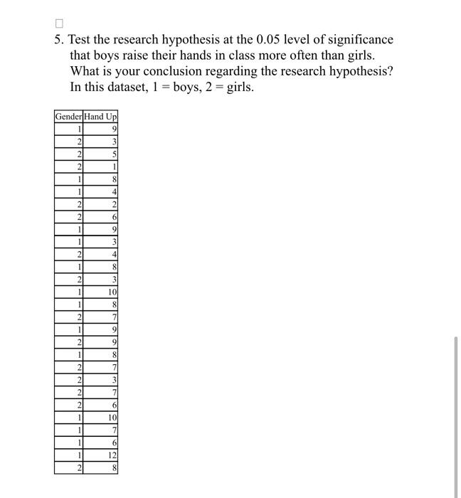 Solved 5. Test the research hypothesis at the 0.05 level of | Chegg.com