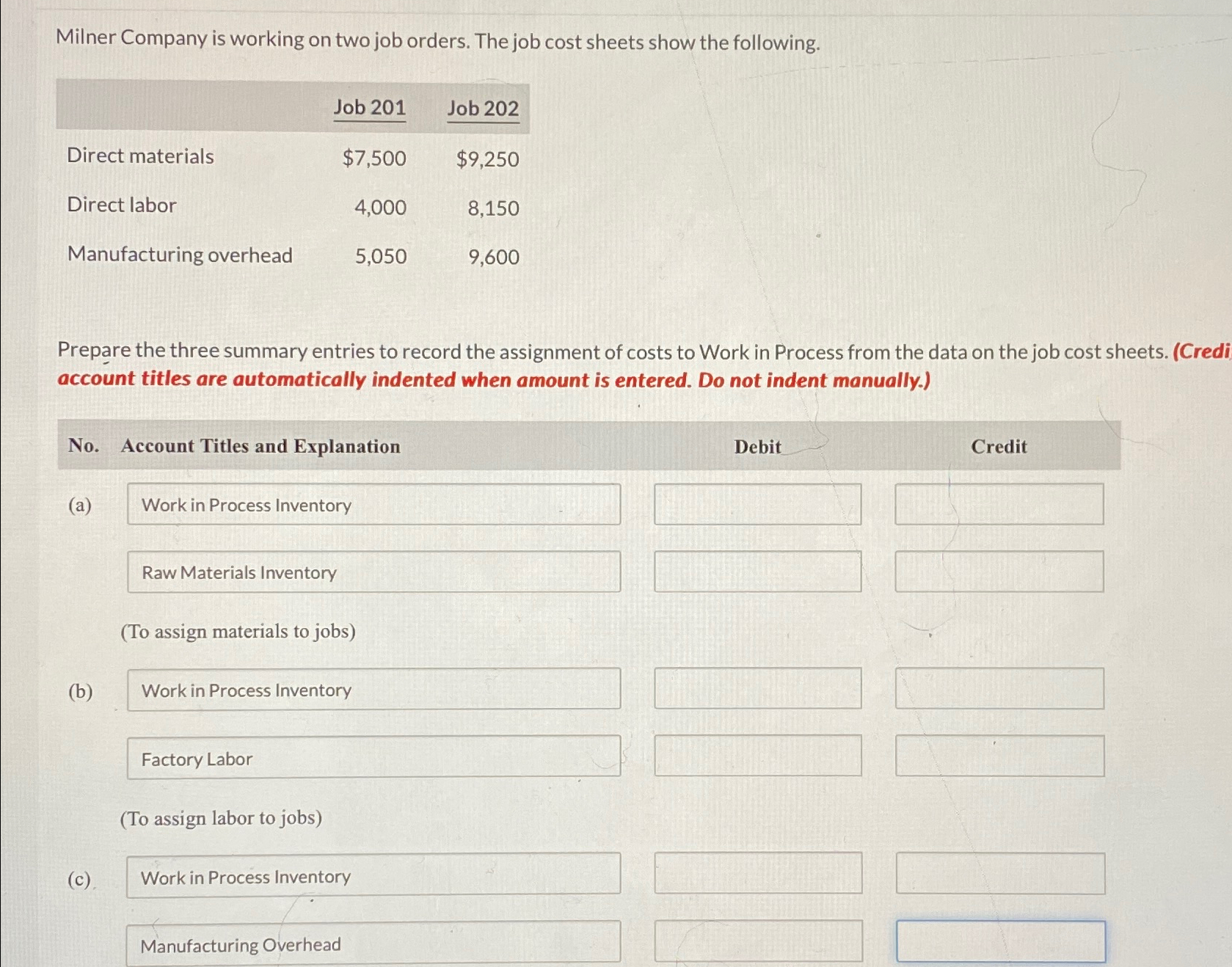 Solved Milner Company is working on two job orders. The job | Chegg.com