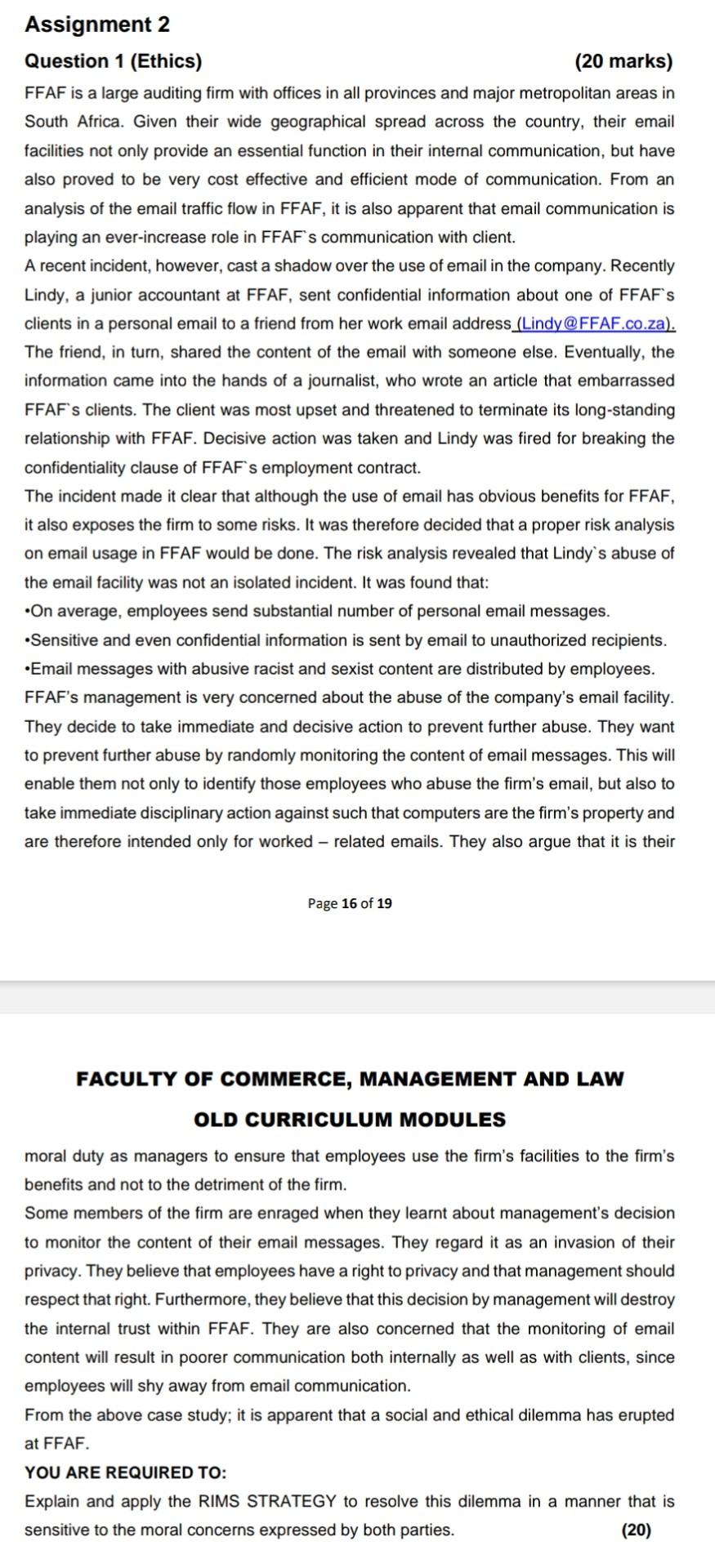 Solved Assignment 2 Question 1 (Ethics) (20 marks) FFAF is a | Chegg.com