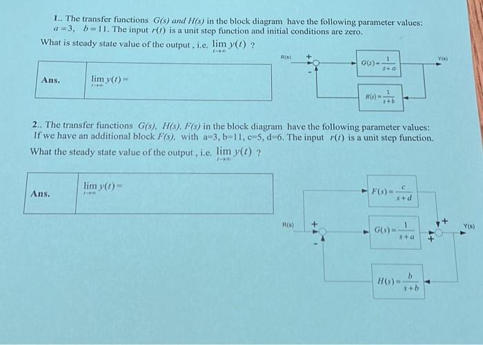 Solved 1. The transfer functions G(s) and H(s) in the block | Chegg.com