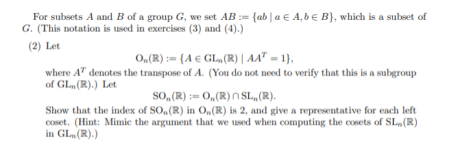 Solved For subsets A and B ﻿of a group G, ﻿we set | Chegg.com