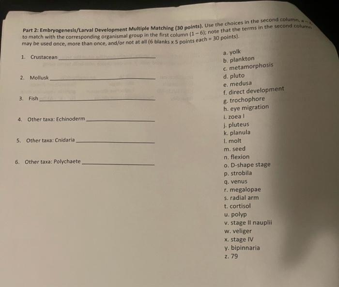 Solved Part 2: Embryogenesis/Larval Development Multiple | Chegg.com