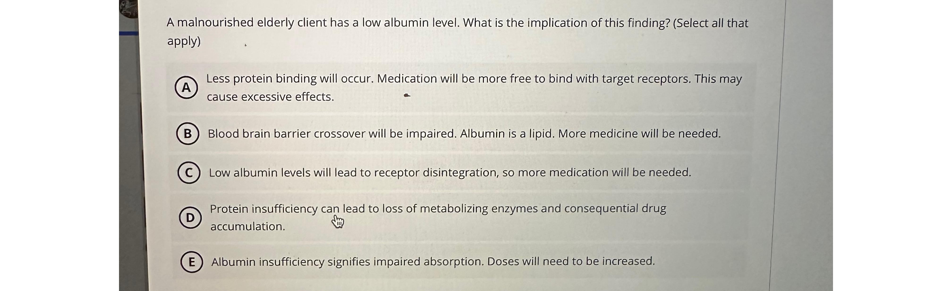 Solved A malnourished elderly client has a low albumin | Chegg.com