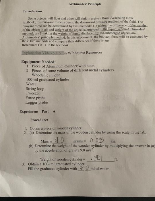 Archimedes' Principle Introduction Some objects will | Chegg.com