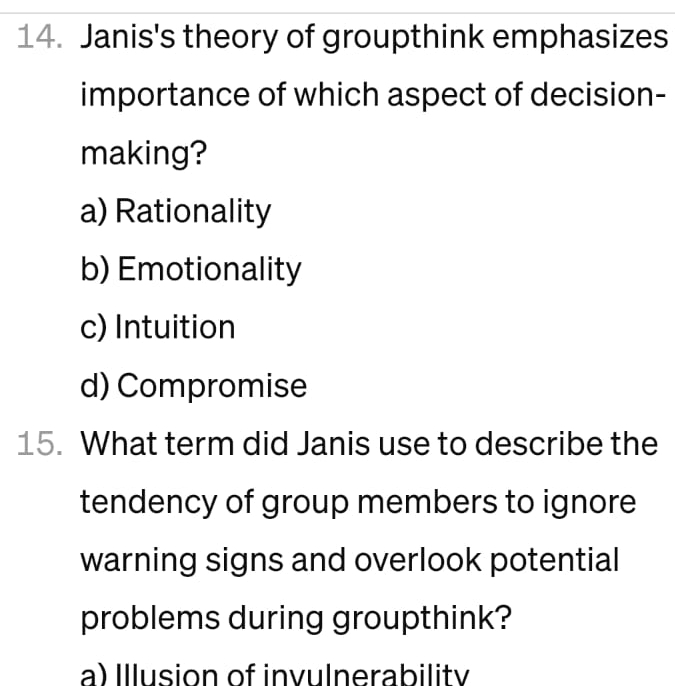 Solved Janis's theory of groupthink emphasizes importance of | Chegg.com