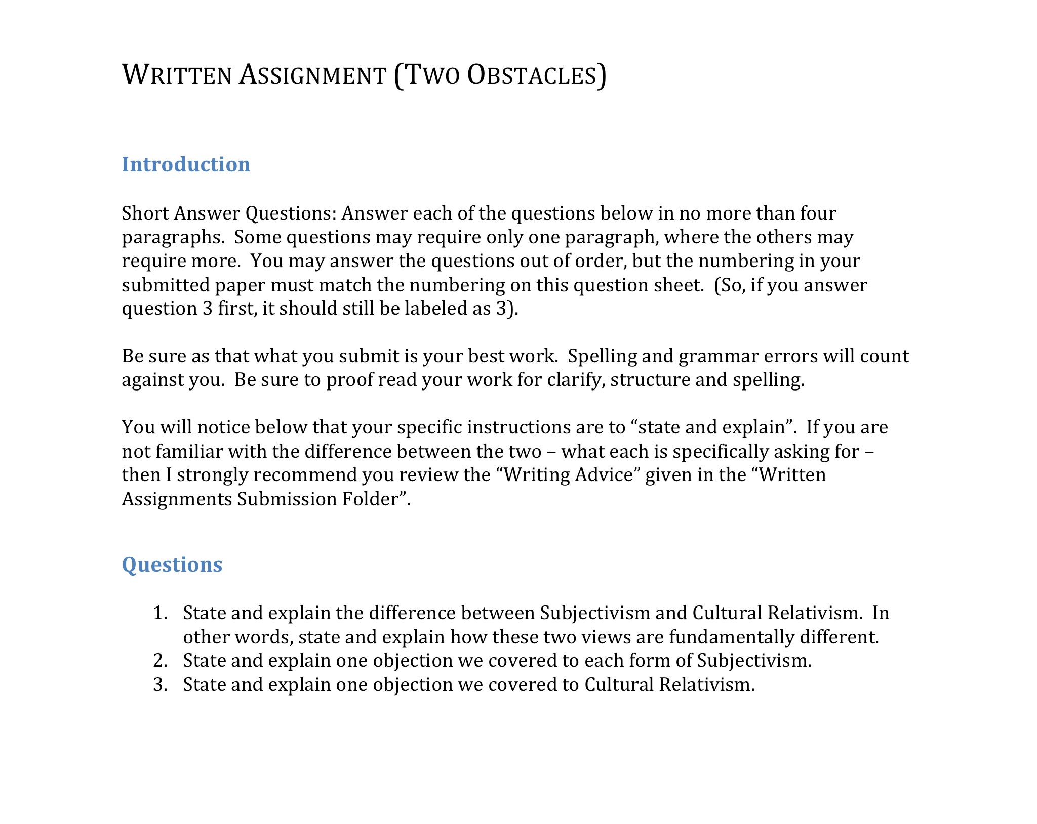 Solved WRITTEN ASSIGNMENT (TwO ObSTACLES)IntroductionShort | Chegg.com