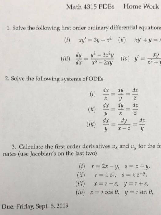Solved Math 4315 PDEs Home Work 1. Solve the following first | Chegg.com