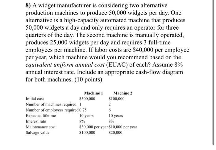 Solved 8) A widget manufacturer is considering two | Chegg.com
