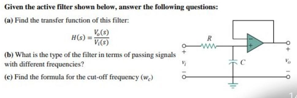 Solved Given the active filter shown below, answer the | Chegg.com