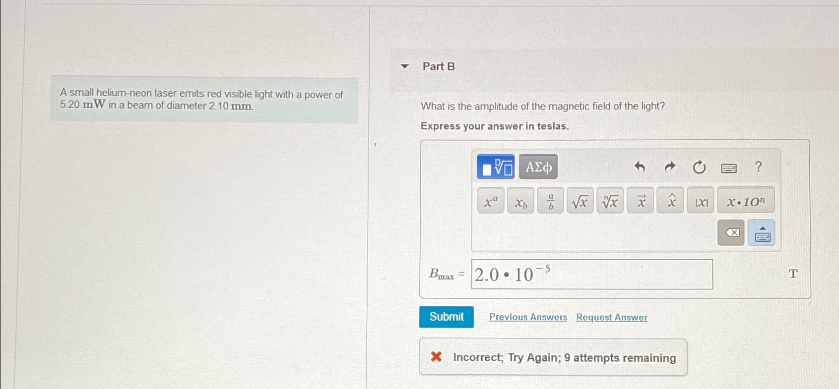 Solved A small helium-neon laser emits red visible light | Chegg.com