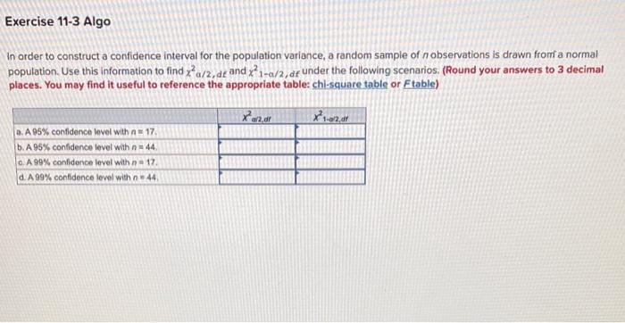 Solved Exercise 11-3 Algo In order to construct a confidence | Chegg.com