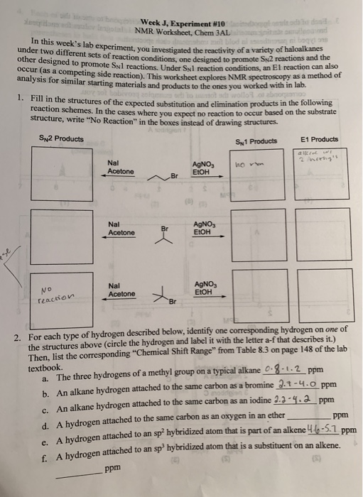 Solved Week J, Experiment 10 NMR Worksheet, Chem 3AL bodne | Chegg.com