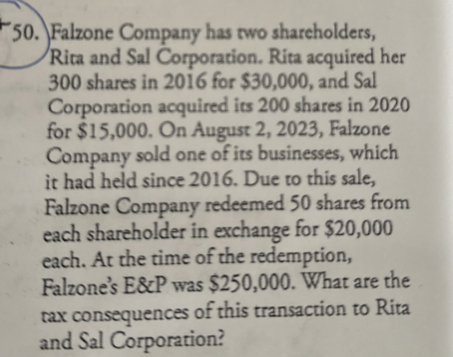 Solved Falzone Company has two sharcholders, Rita and Sal | Chegg.com