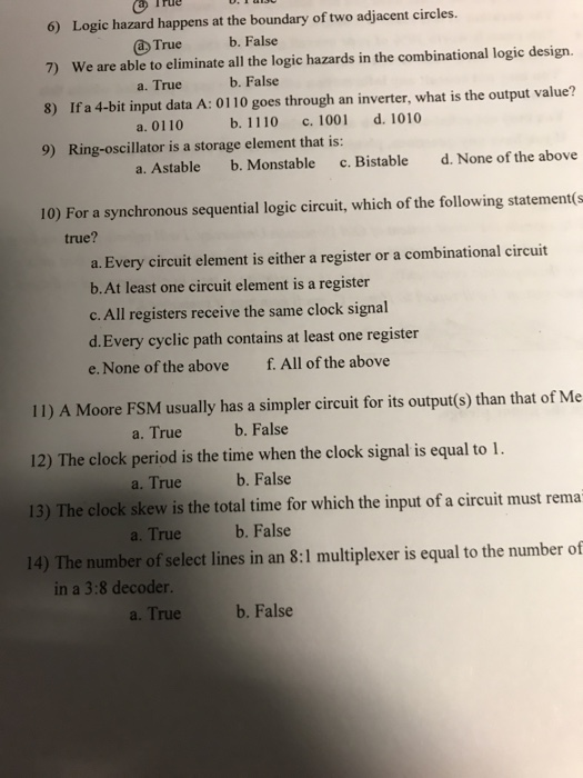 Solved a True U. TUJU 6) Logic hazard happens at the | Chegg.com