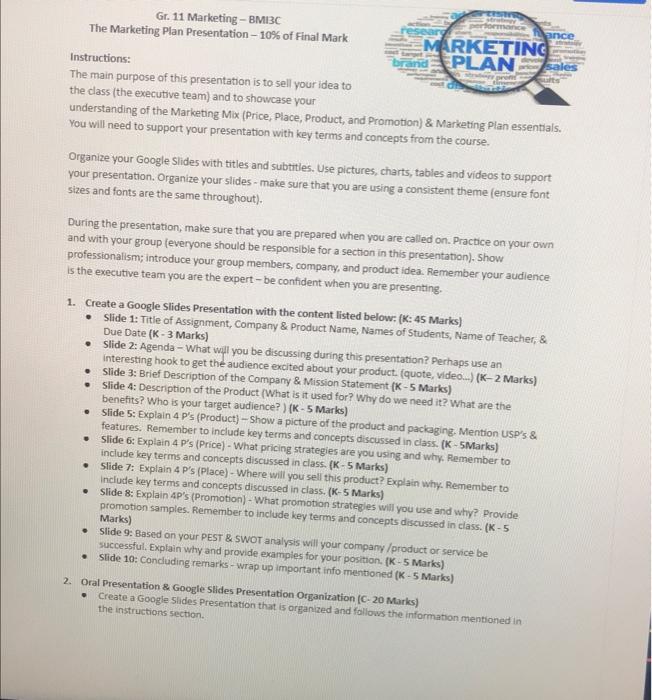 Gr. 11 Marketing - BMI3C The Marketing Plan | Chegg.com