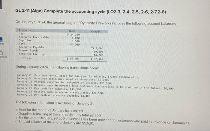 Solved GL 2-11 (Algo) Complete the accounting cycle (LO2-3, | Chegg.com