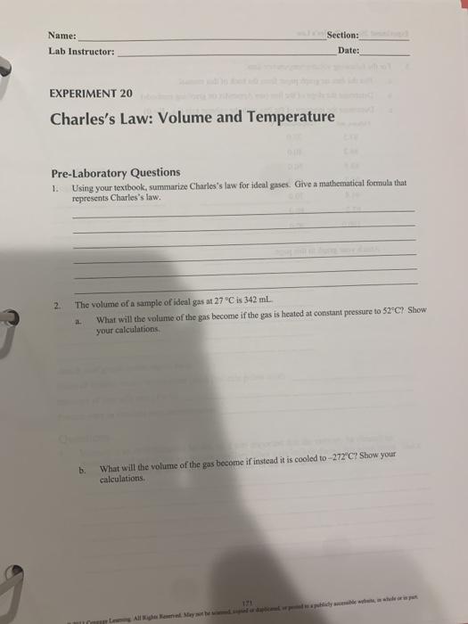 Solved Name: Lab Instructor: Section: Date: EXPERIMENT 20 | Chegg.com