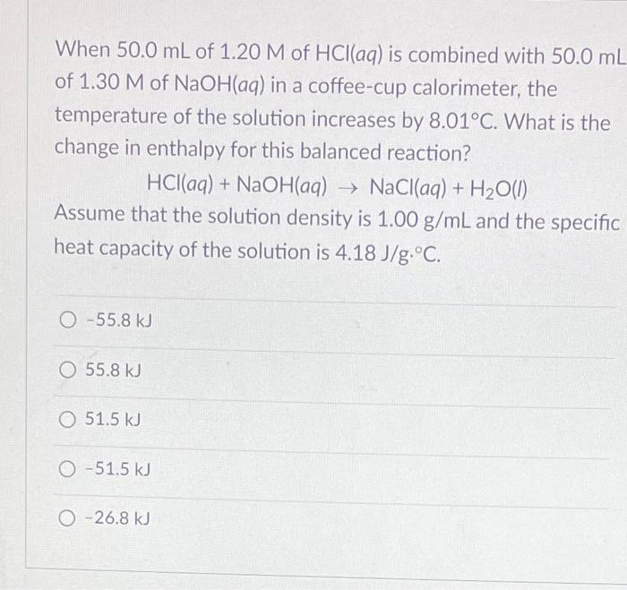 Solved When 50.0 mL of 1.20M of HCl( aq) is combined with | Chegg.com