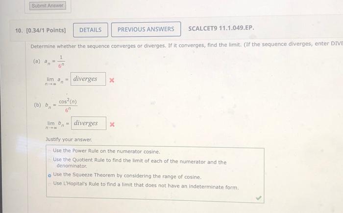 Solved Determine whether the sequence converges or diverges, | Chegg.com