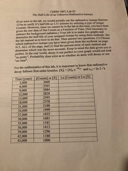 Lab #*. The Half-Life of Barium-137m 2 Estimated Time | Chegg.com