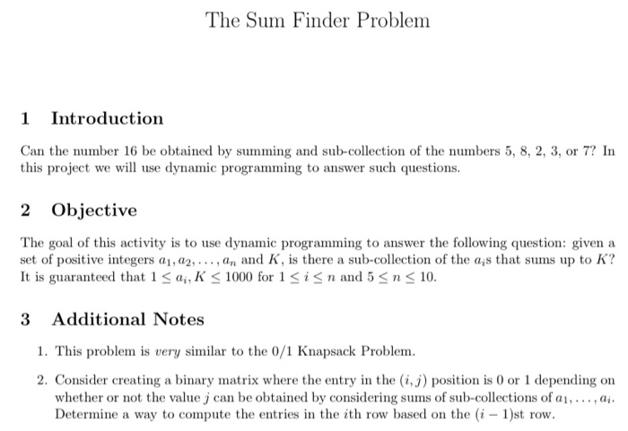 The Sum Finder Problem 1 Introduction Can the number | Chegg.com