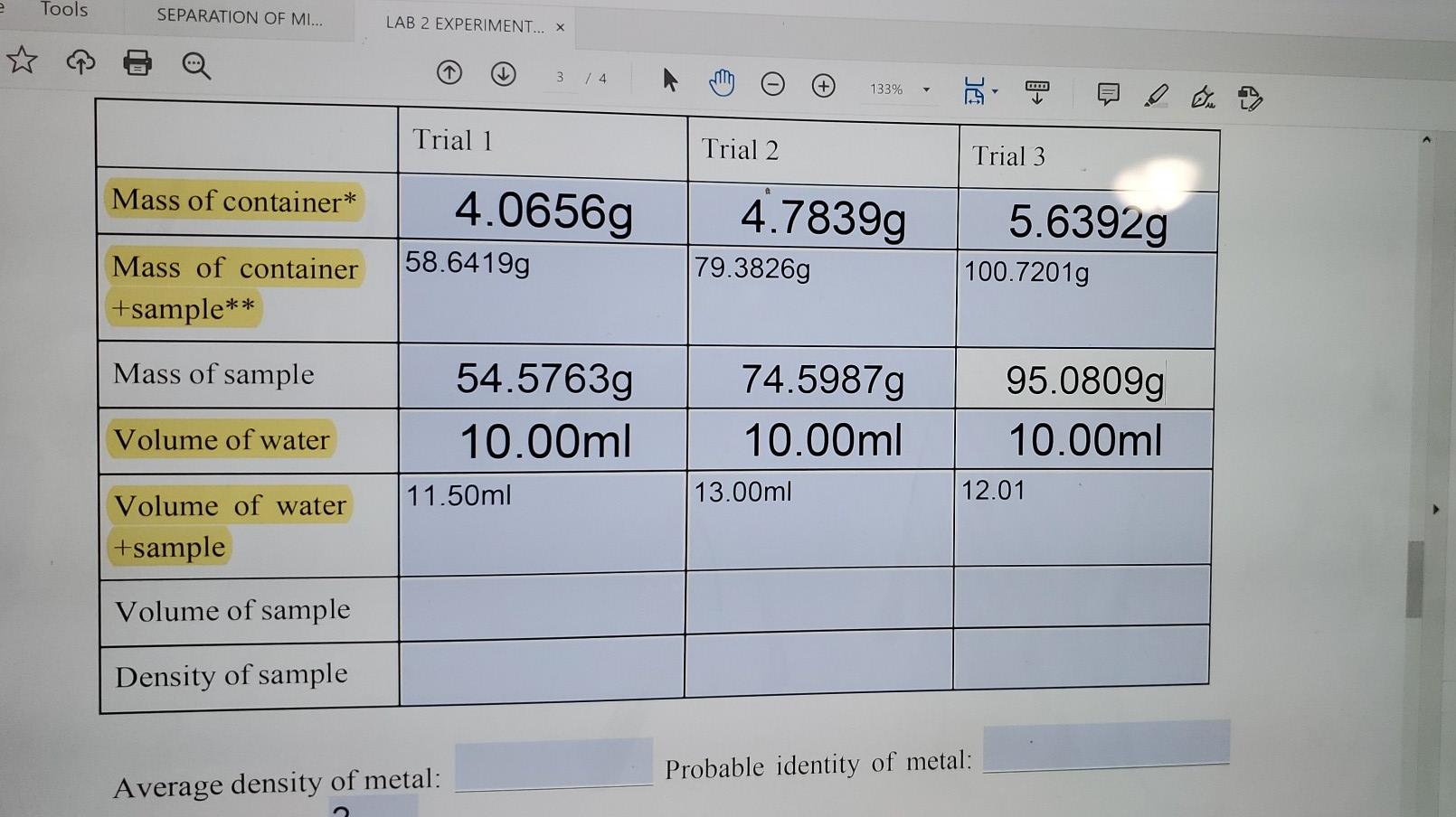 Solved Calculate volume of sample and density of sample for | Chegg.com