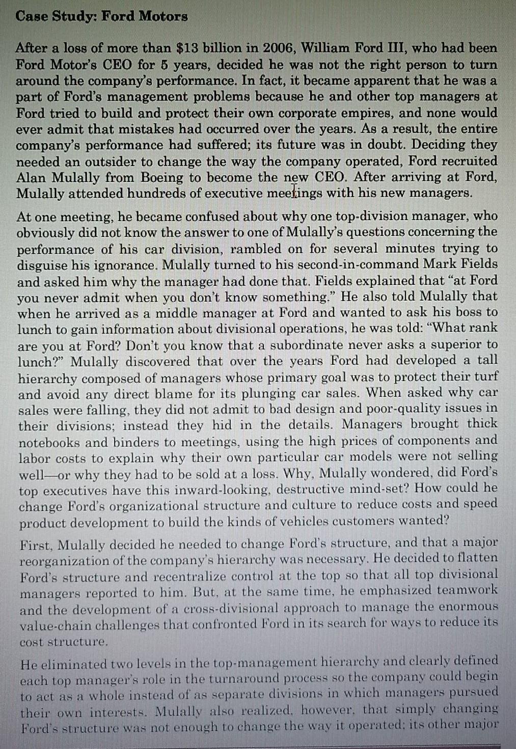 Solved Case Study: Ford Motors After a loss of more than $13 | Chegg.com