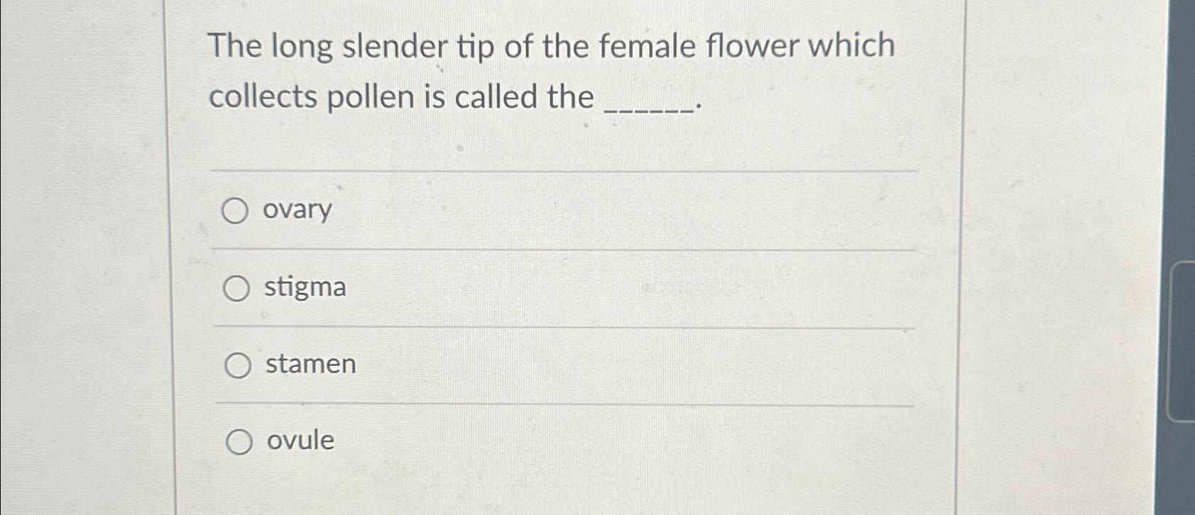 Solved The long slender tip of the female flower which | Chegg.com