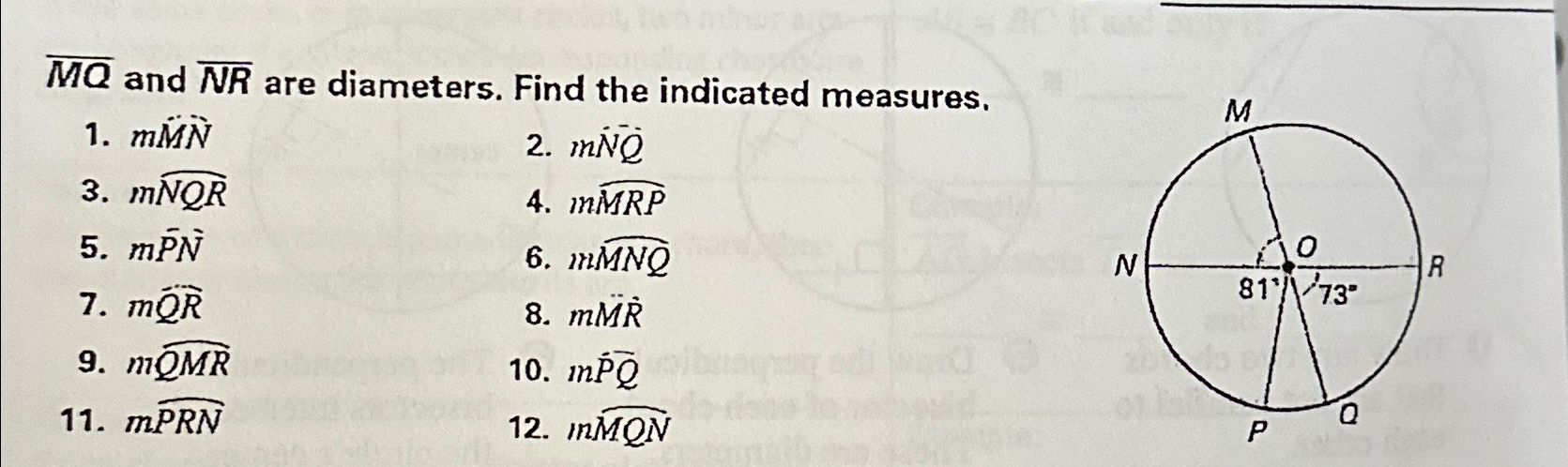 Solved (MQ) and (NR) are diameters. Find the indicated | Chegg.com Solved (MQ) and (NR) are diameters. Find the indicated | Chegg.com