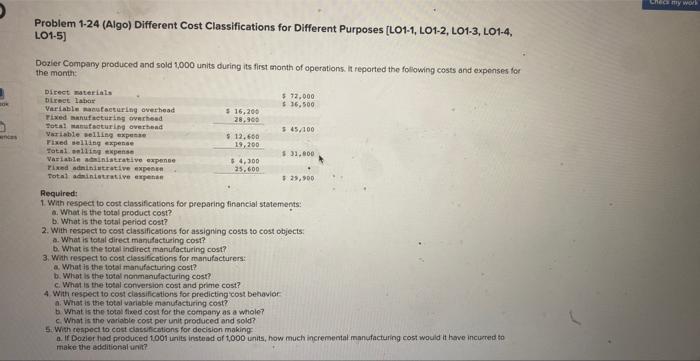 Solved Problem 1-24 (Algo) Different Cost Classifications | Chegg.com