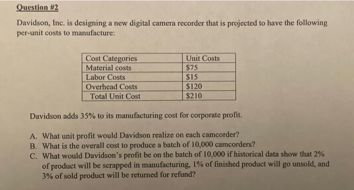 Solved Davidson, Inc. is designing a new digital camera | Chegg.com