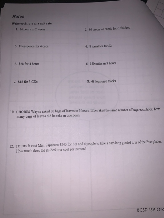 Solved Rates Write each rate as a unit rate. 1. 14 hours in | Chegg.com