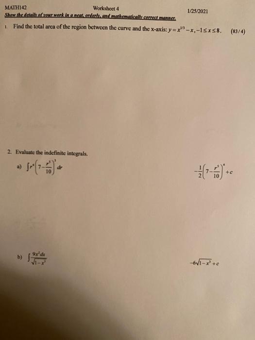 Solved MATH142 Worksheet 4 1/25/2021 Show the details of | Chegg.com