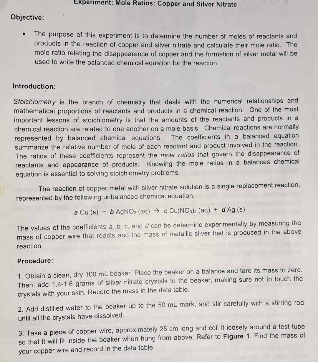 Solved Experiment: Mole Ratios: Copper and Silver Nitrate | Chegg.com