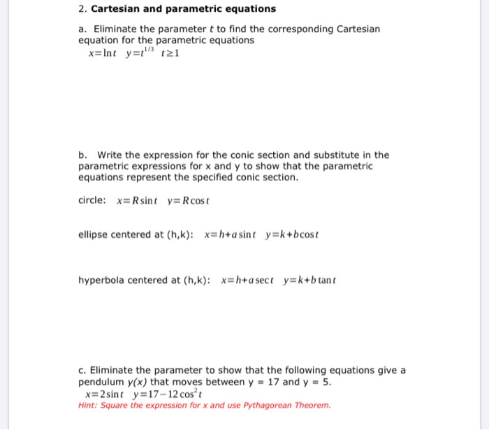 Solved 2. Cartesian and parametric equations a. Eliminate | Chegg.com