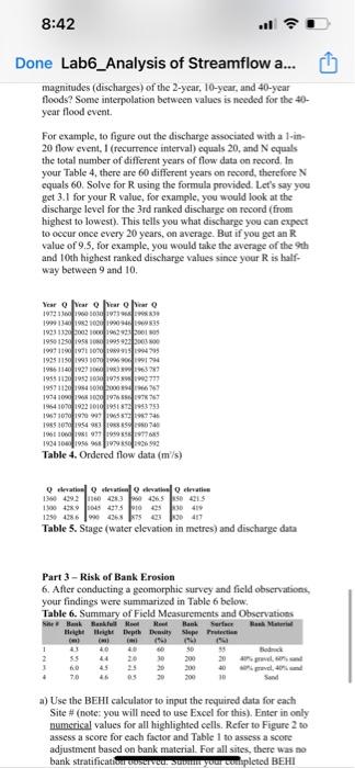 Solved 4. Use the data from Table 4 below to calculate river | Chegg.com
