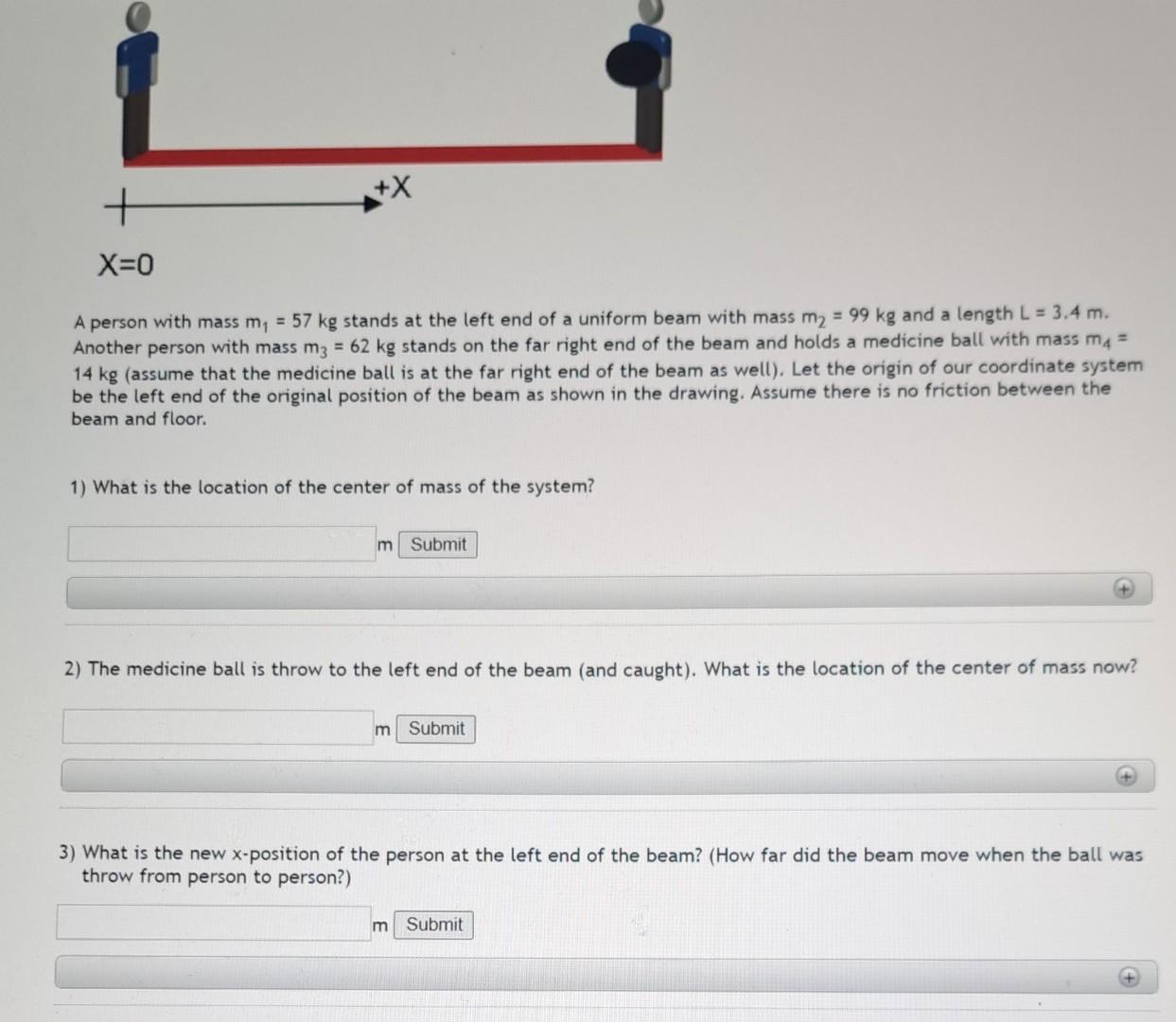 Solved X=0 A person with mass m1=57 kg stands at the left | Chegg.com