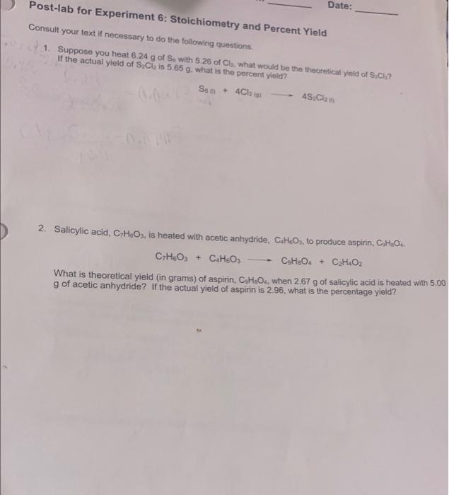 Solved Post-lab for Experiment 6: Stoichiometry and Percent | Chegg.com