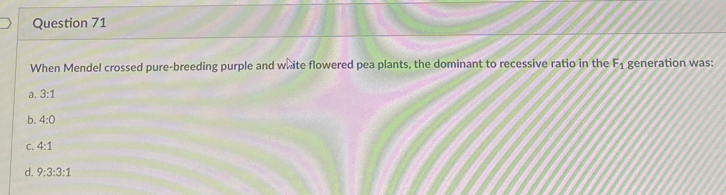 Solved Question 71When Mendel crossed pure-breeding purple | Chegg.com