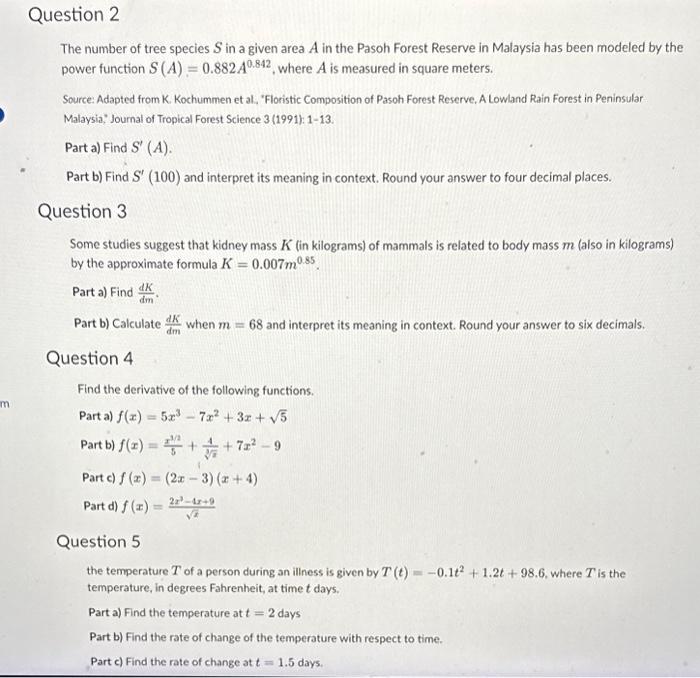 Solved The number of tree species S in a given area A in the | Chegg.com
