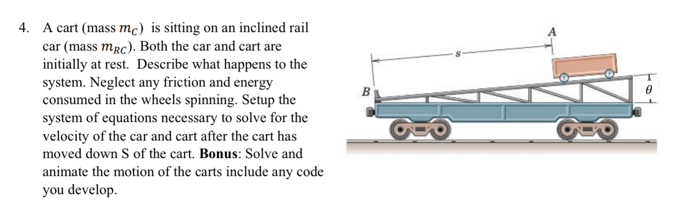 Solved A cart (mass mC ) ﻿is sitting on an inclined railcar | Chegg.com