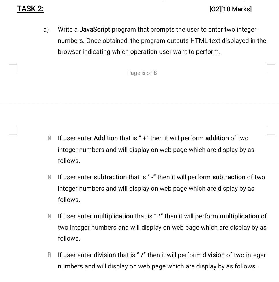 Solved TASK 2: [02][10 Marks] a) Write a JavaScript program | Chegg.com