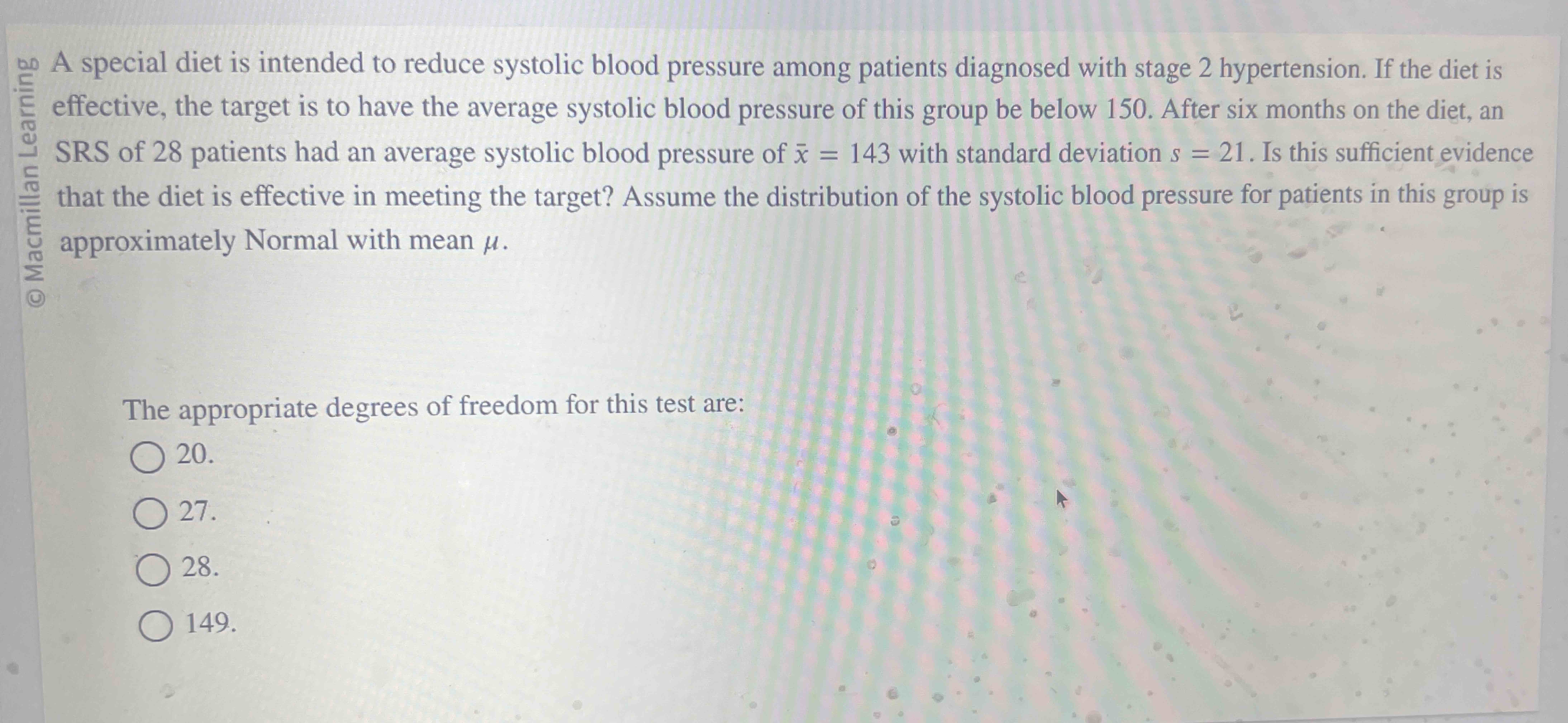 Solved A special diet is intended to reduce systolic blood | Chegg.com