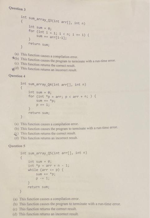 Solved Question 3 Int sum_array_03(int arr[], int n ) Int | Chegg.com