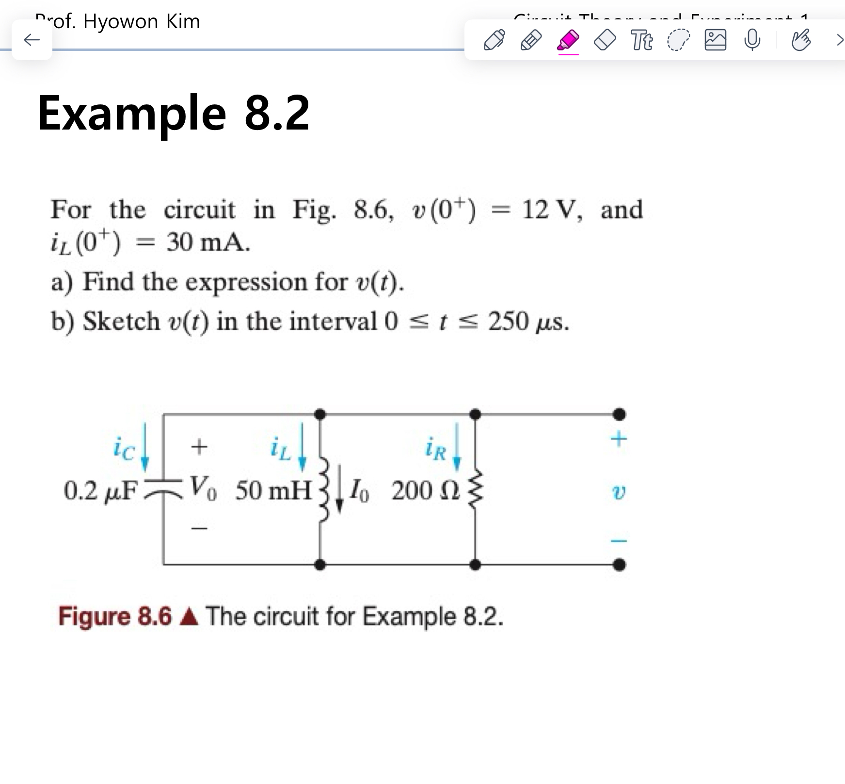 Solved nof. Hyowon KimExample 8.2For the circuit in Fig. | Chegg.com